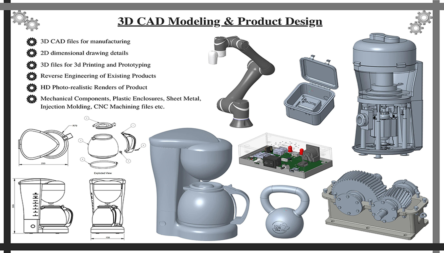 I will design cad models, technical drawings,3d printer,rendering